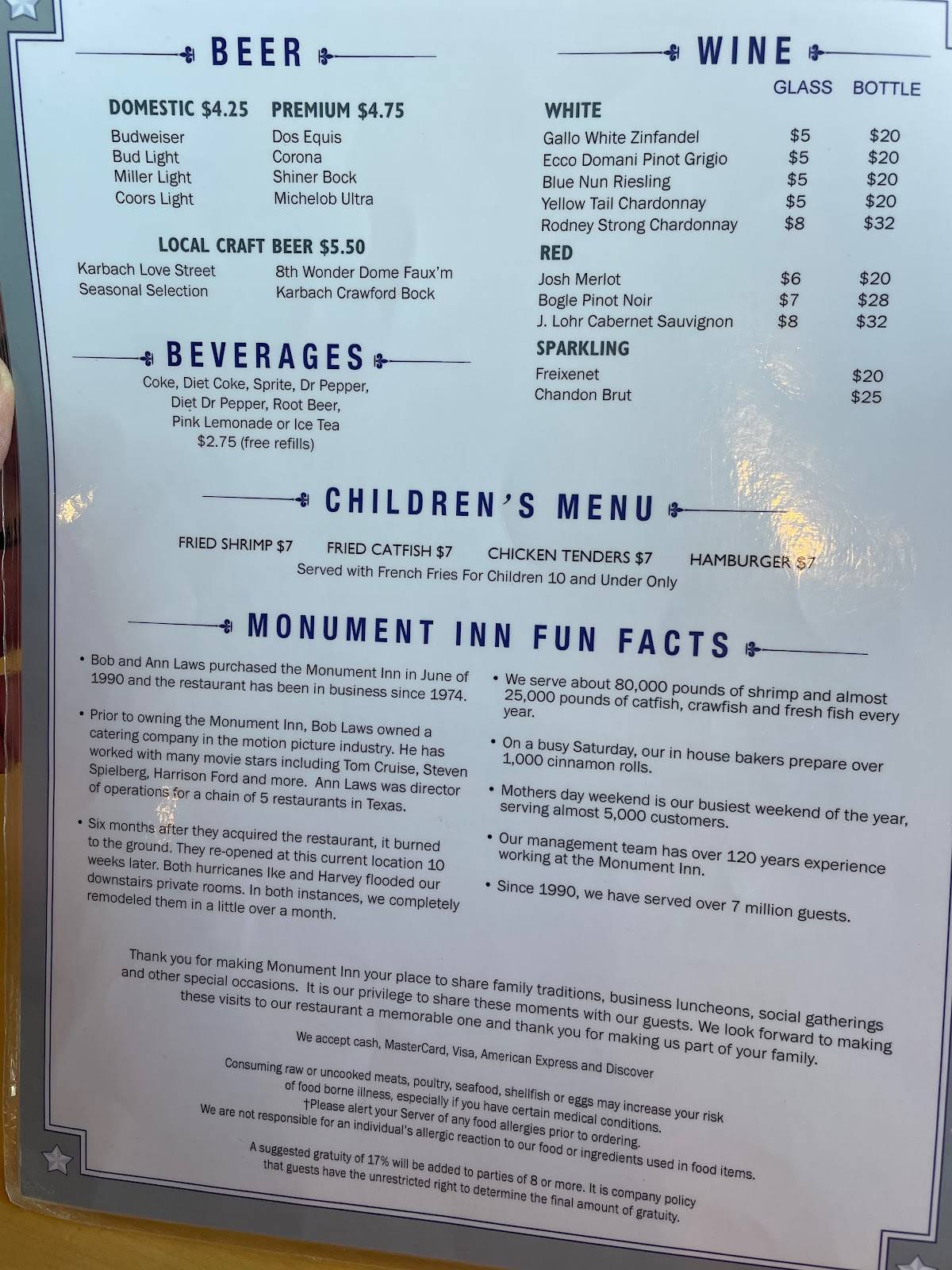 Menu at Monument Inn restaurant, La Porte, Independence Pkwy