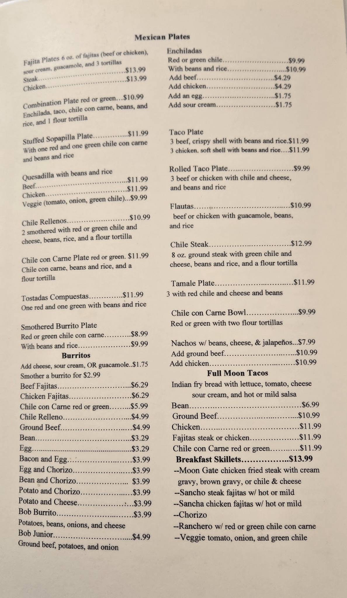 Menu at Moongate Cafe, Las Cruces, 9545 Bataan Mem W