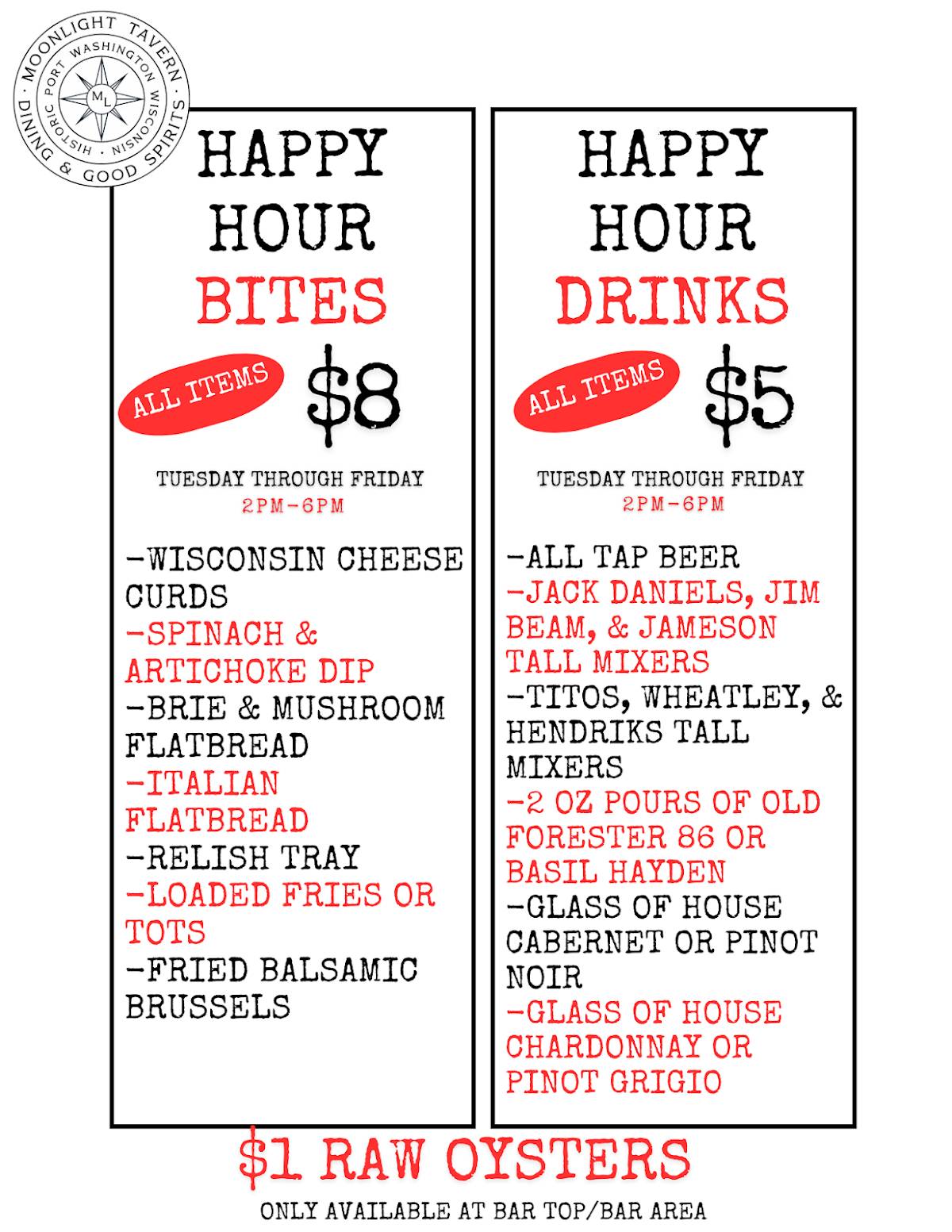 Menu at Moonlight Tavern & Supper Club, Port Washington