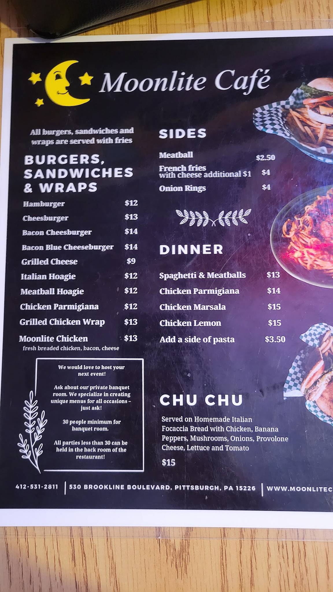 Menu at Moonlite Cafe, Pittsburgh