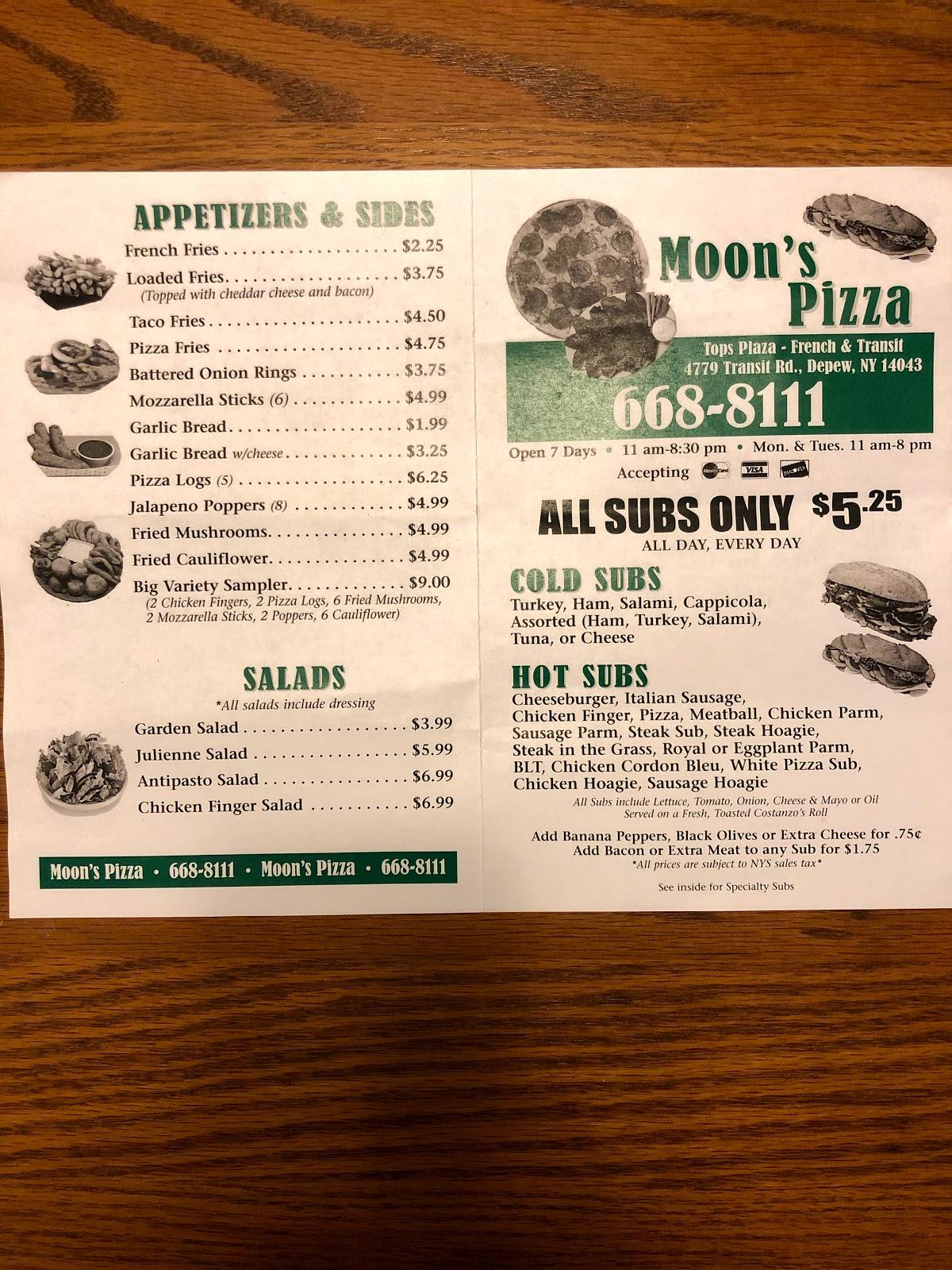 Menu at Moons Pizza pizzeria, Depew