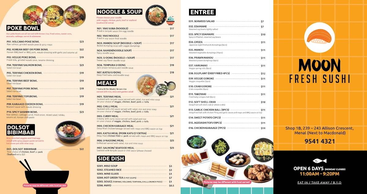 Menu at Moon's Sushi restaurant, Menai