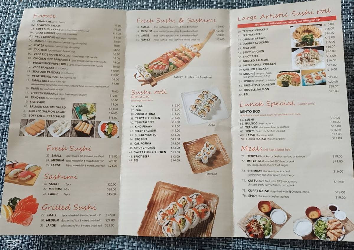 Menu at Moon's Sushi Shellharbour restaurant, Shellharbour