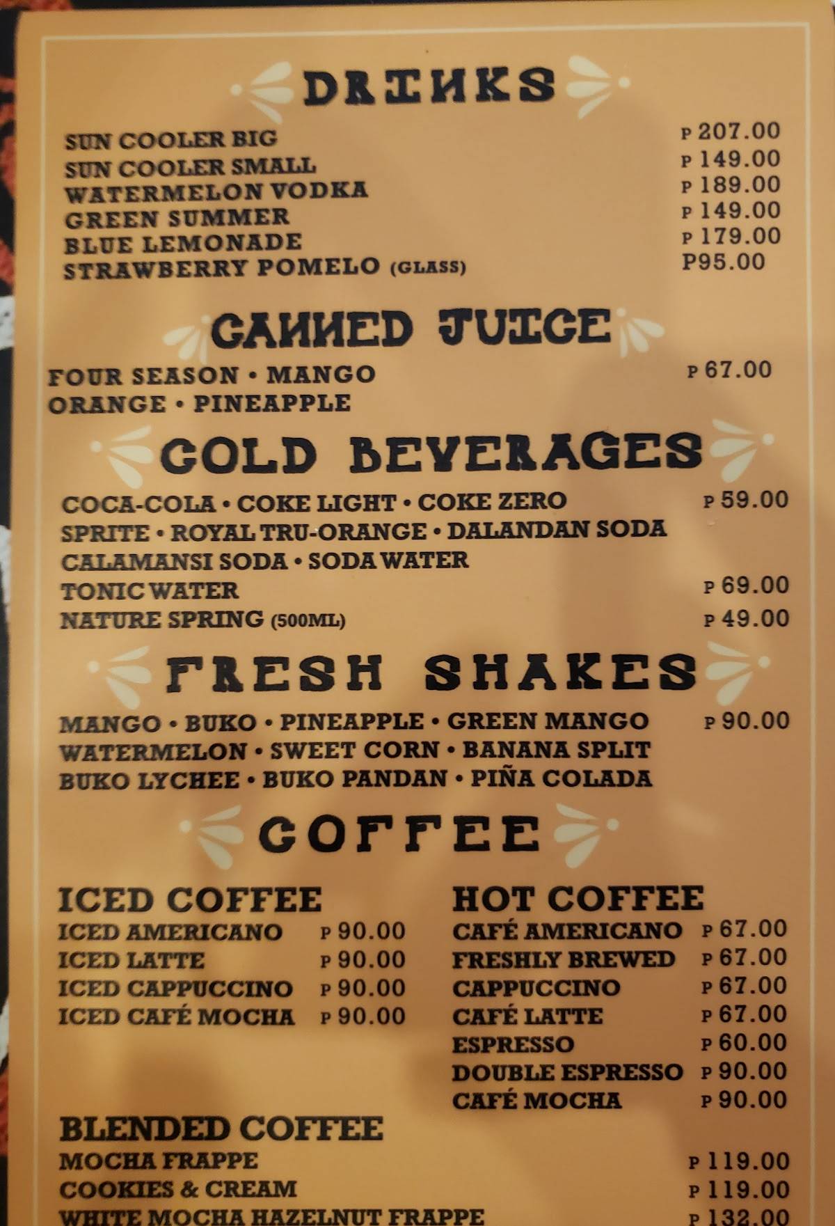 Menu at Mooon Cafe - Escaño Beach, Dumaguete