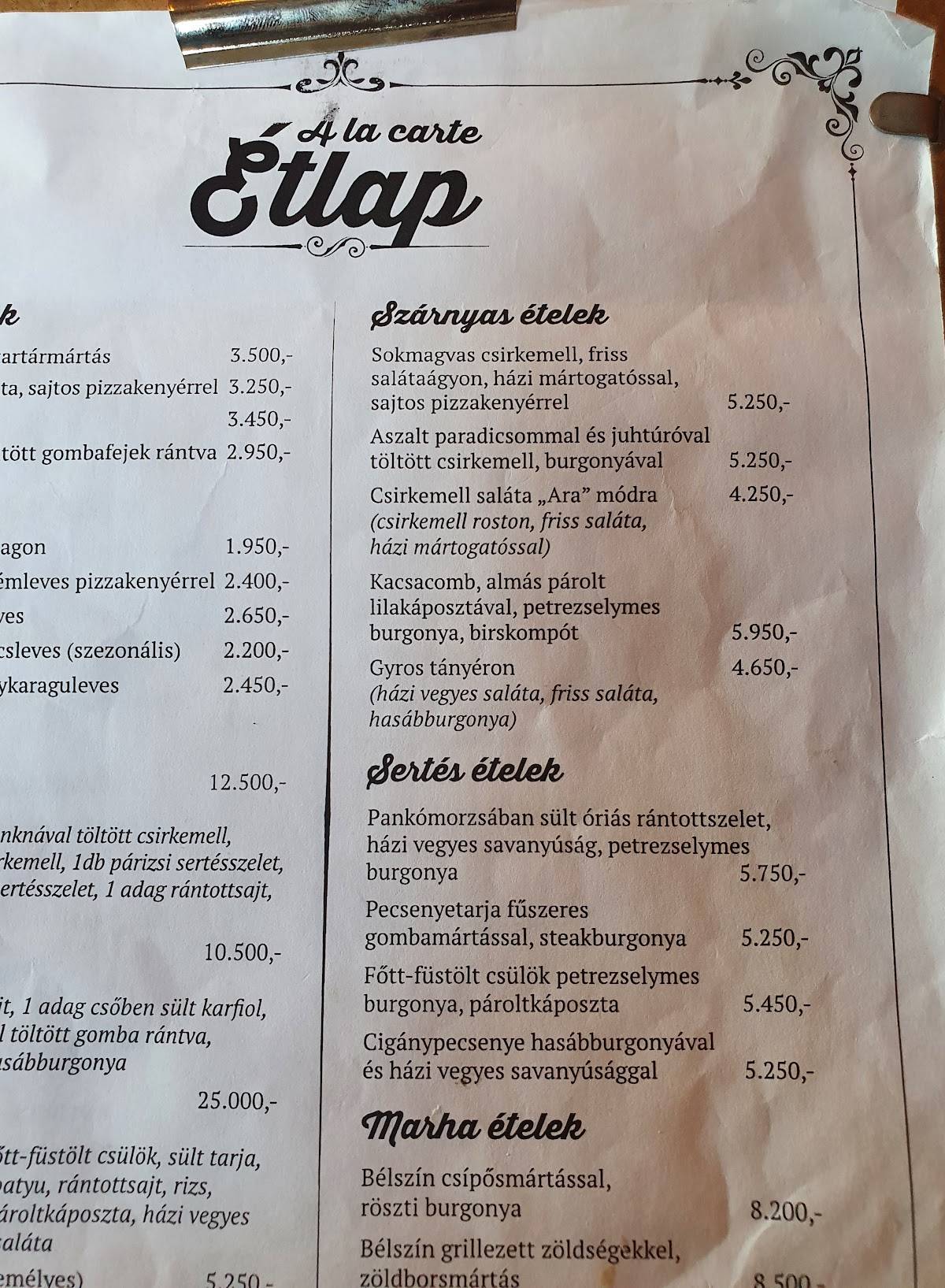 Menu at Ara Étterem restaurant, Mór