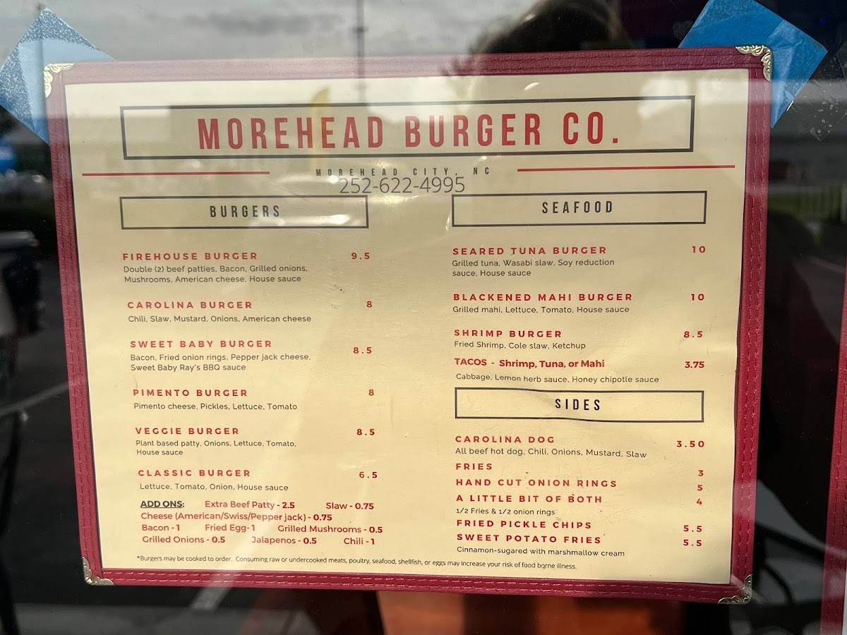 Menu at Morehead Burger Company restaurant, Morehead City, 278 NC-24 L