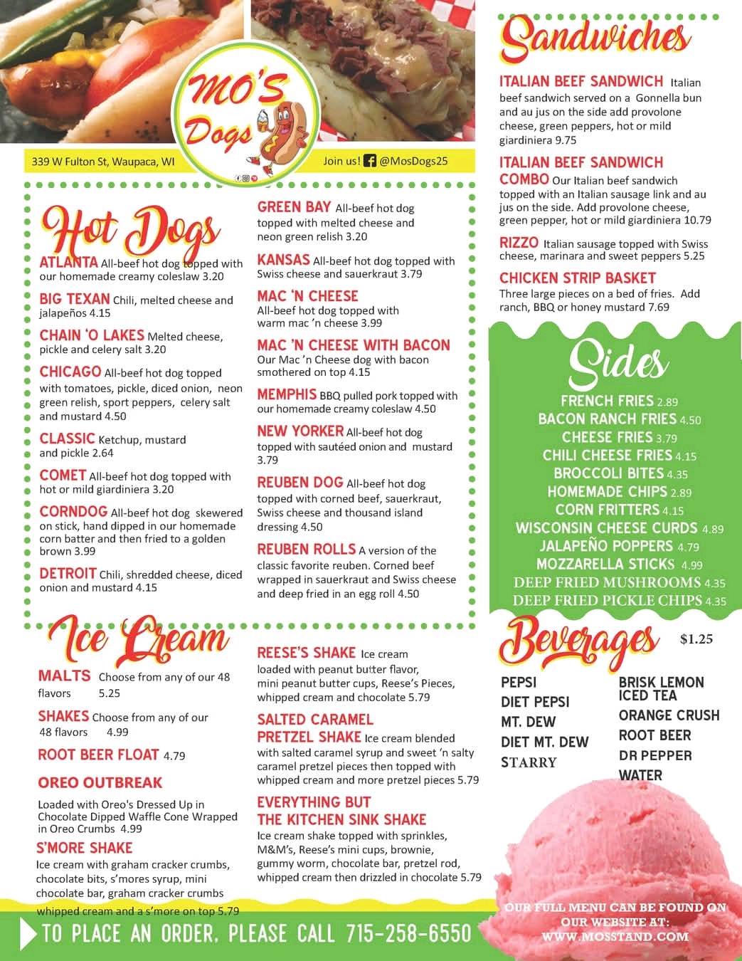 Menu at Mo's Dogs restaurant, Waupaca