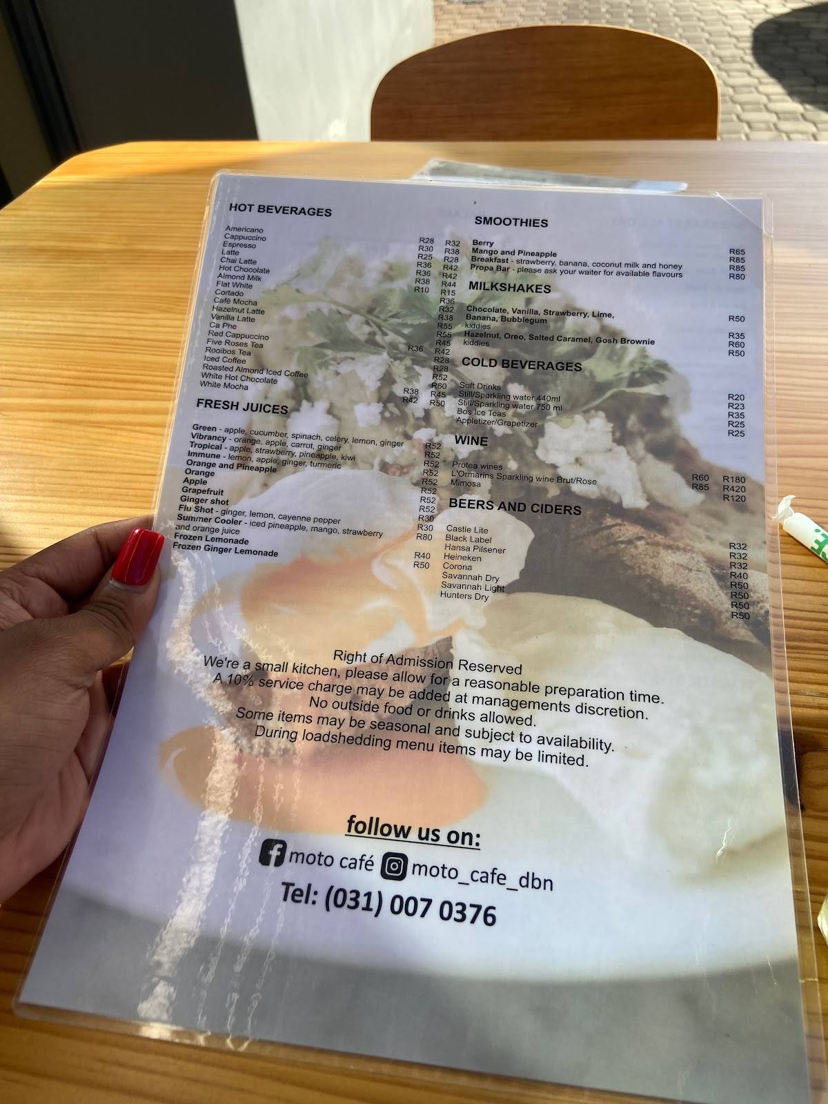 Menu at Moto Cafe, Umhlanga
