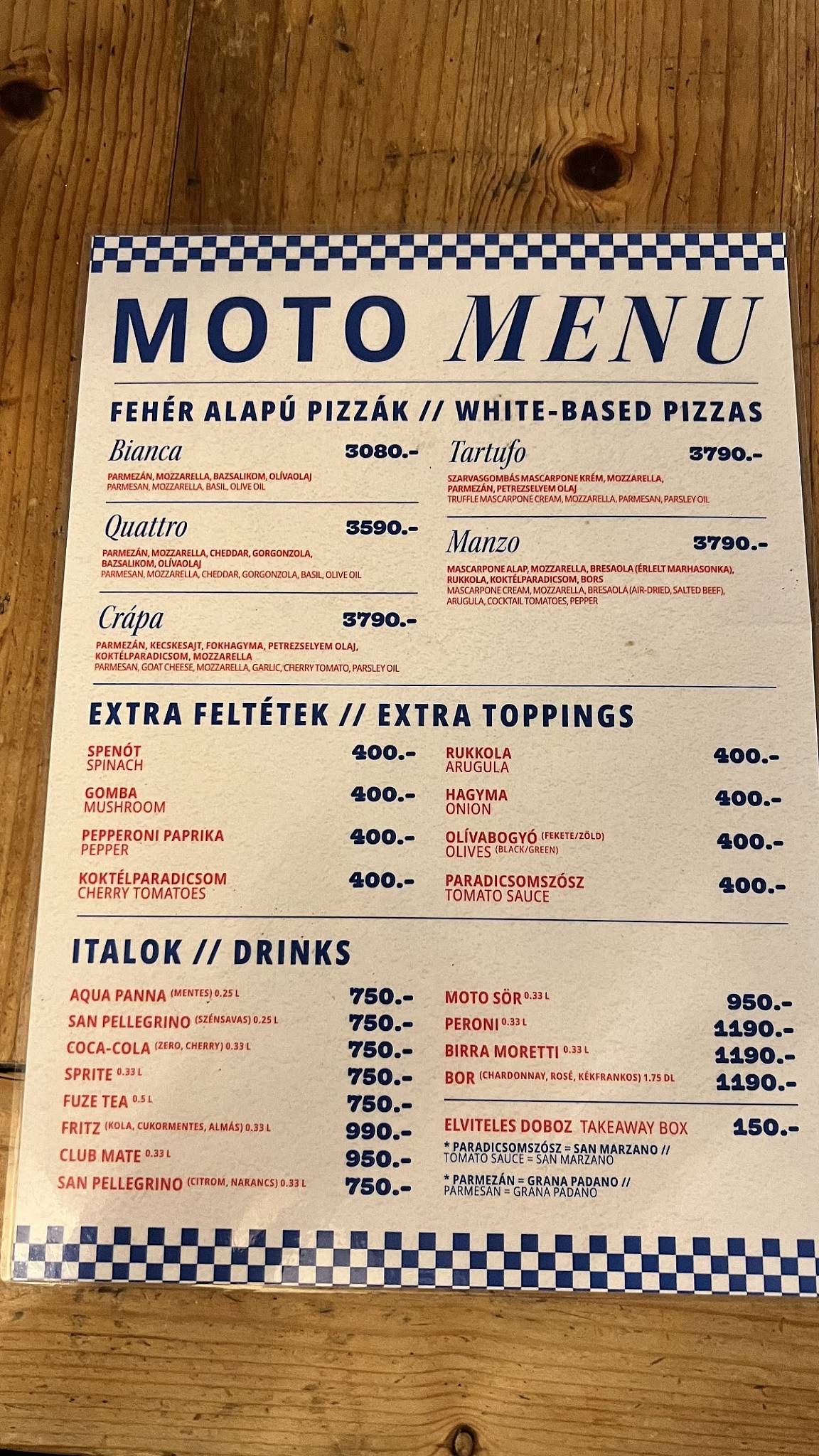 Menu at Moto Pizza Madách restaurant, Budapest