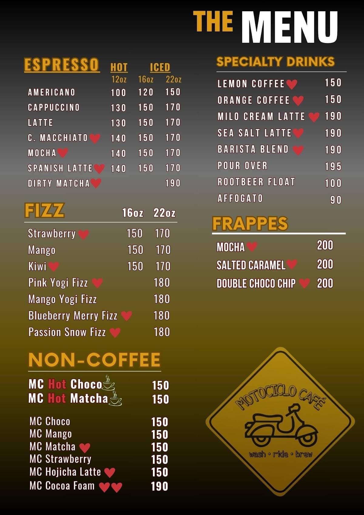 Menu at Motociclo Cafe UST Gelinos, Manila
