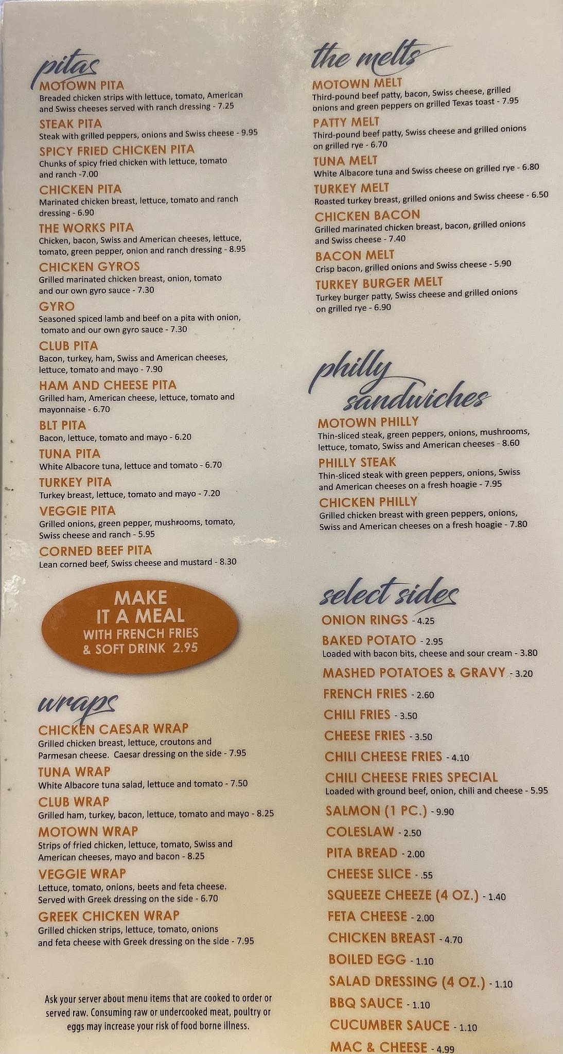 Menu at Motown Coney Island restaurant, Detroit, 8 Mile Rd