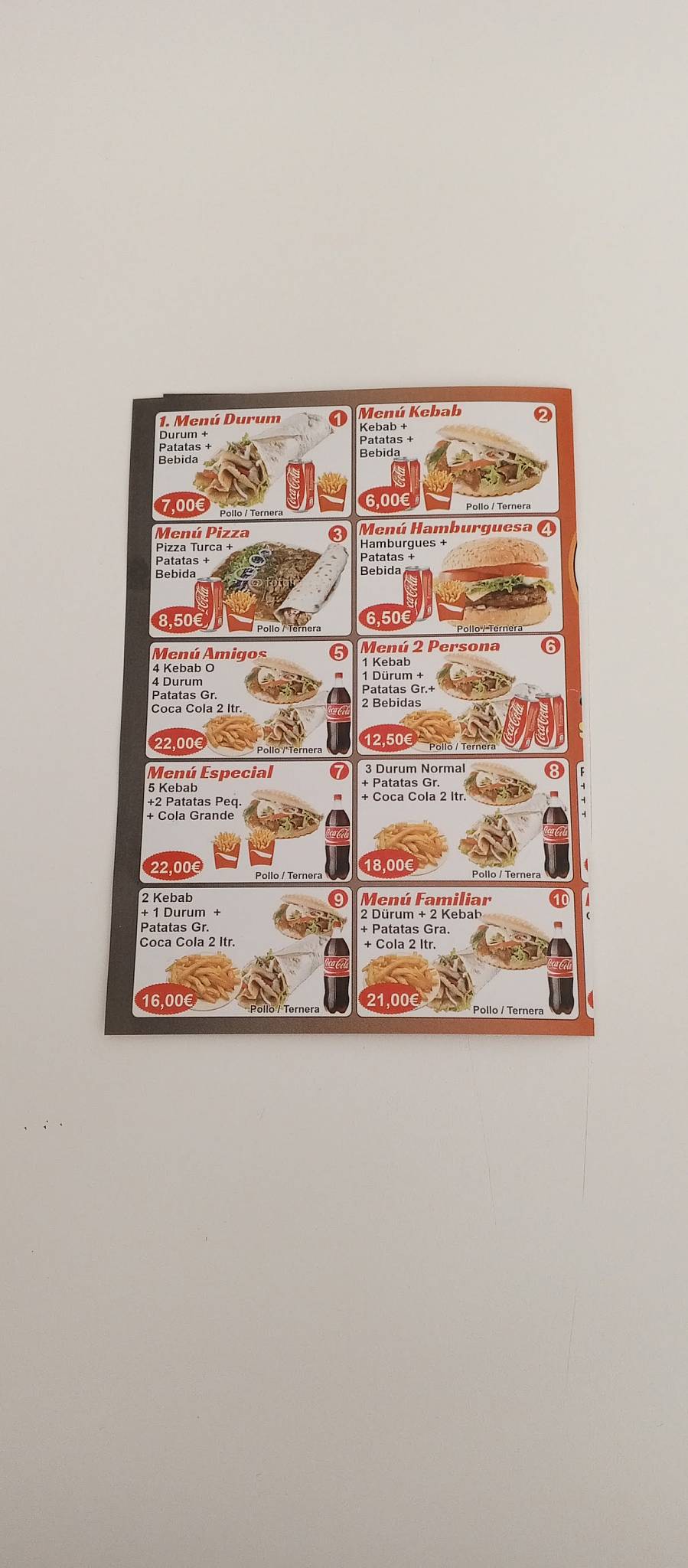Carta del restaurante Moughal Doner Kebab del don Benito, Don Benito