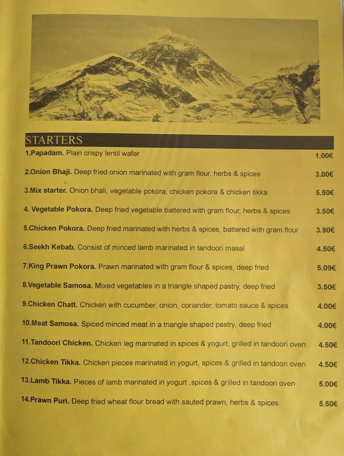 Carta de Mount Everest Restaurant, Pilar de la Horadada