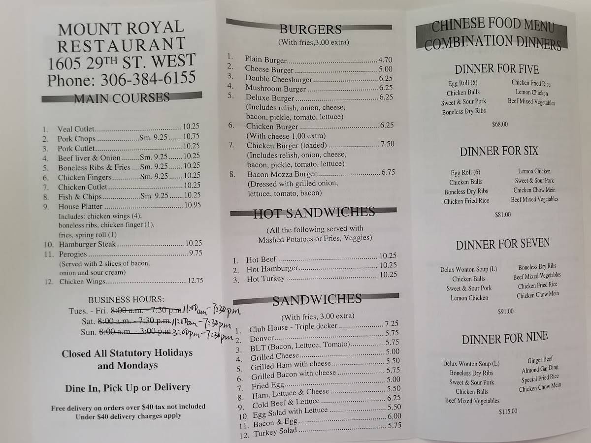 Menu at Mount Royal Restaurant, Saskatoon