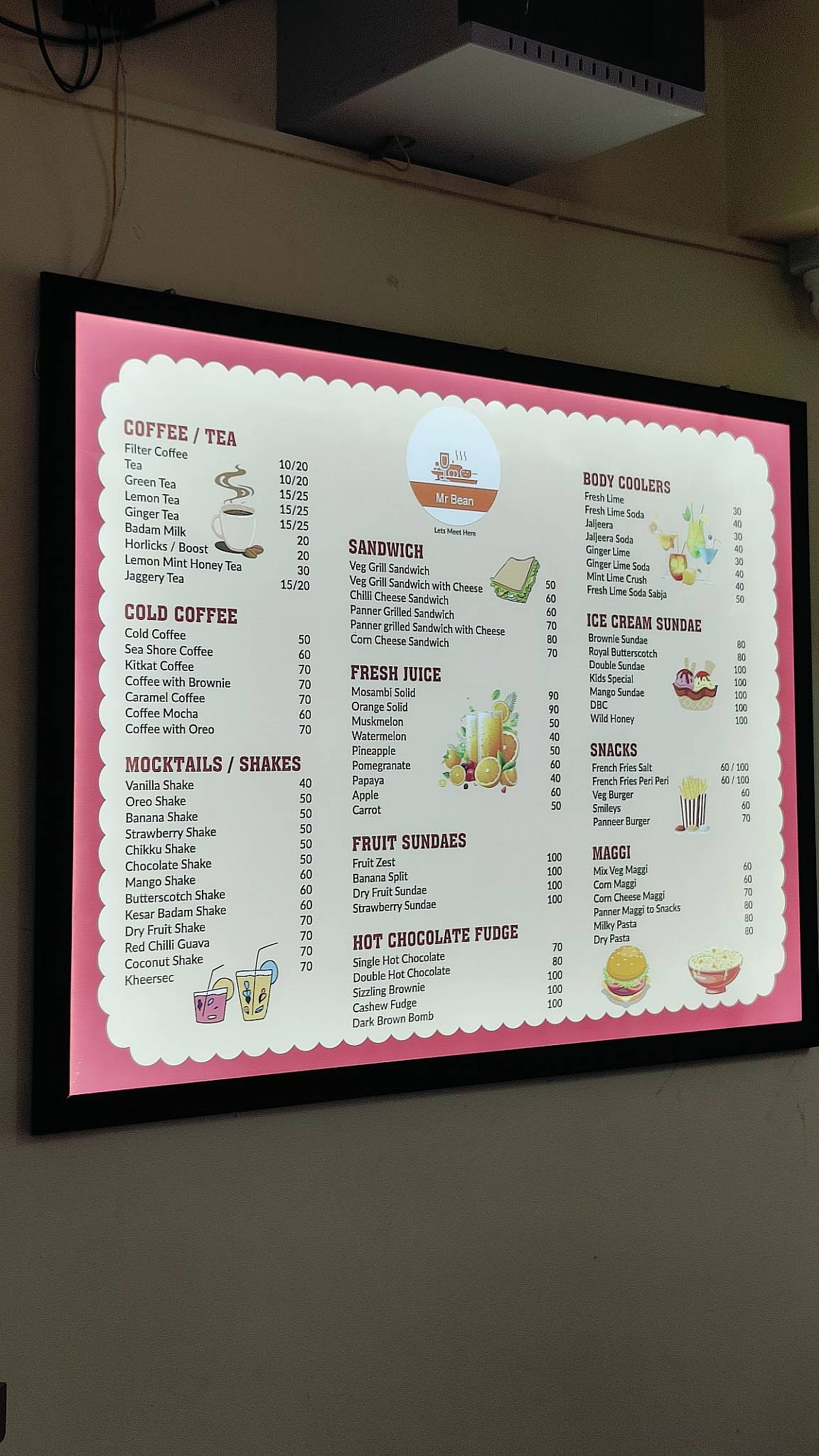 Menu at Mr Bean Cafe, Mysuru