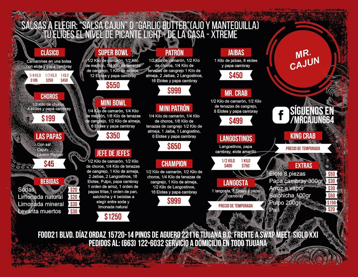 Menu at Mr. Cajun restaurant, Tijuana