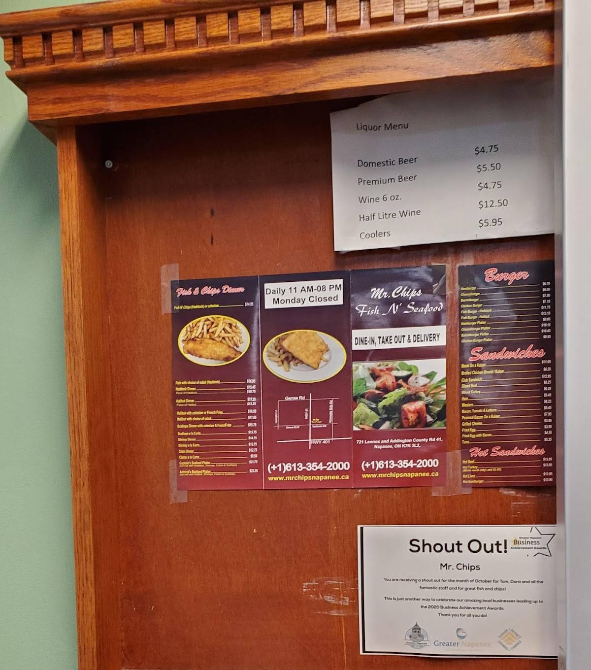 Menu at Mr. Chips Fish Place restaurant, Napanee