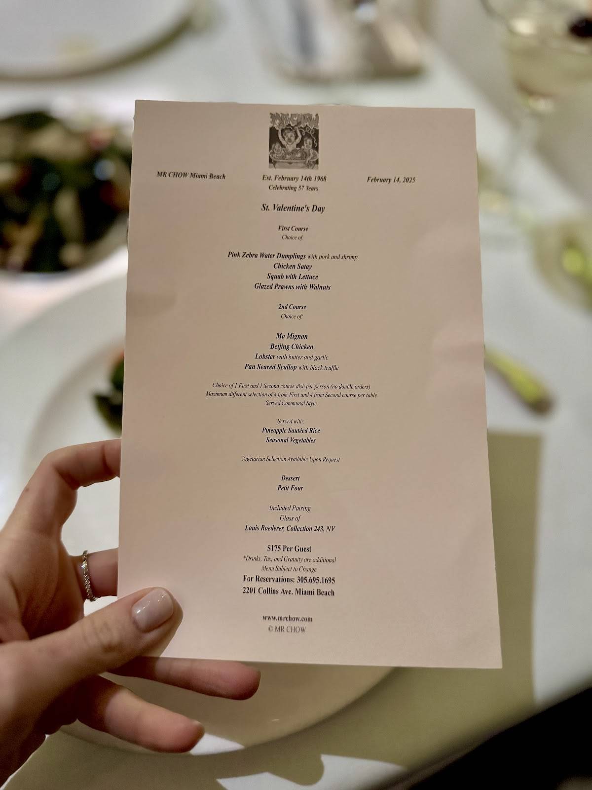Menu at Mr Chow restaurant, Miami Beach, Collins Ave