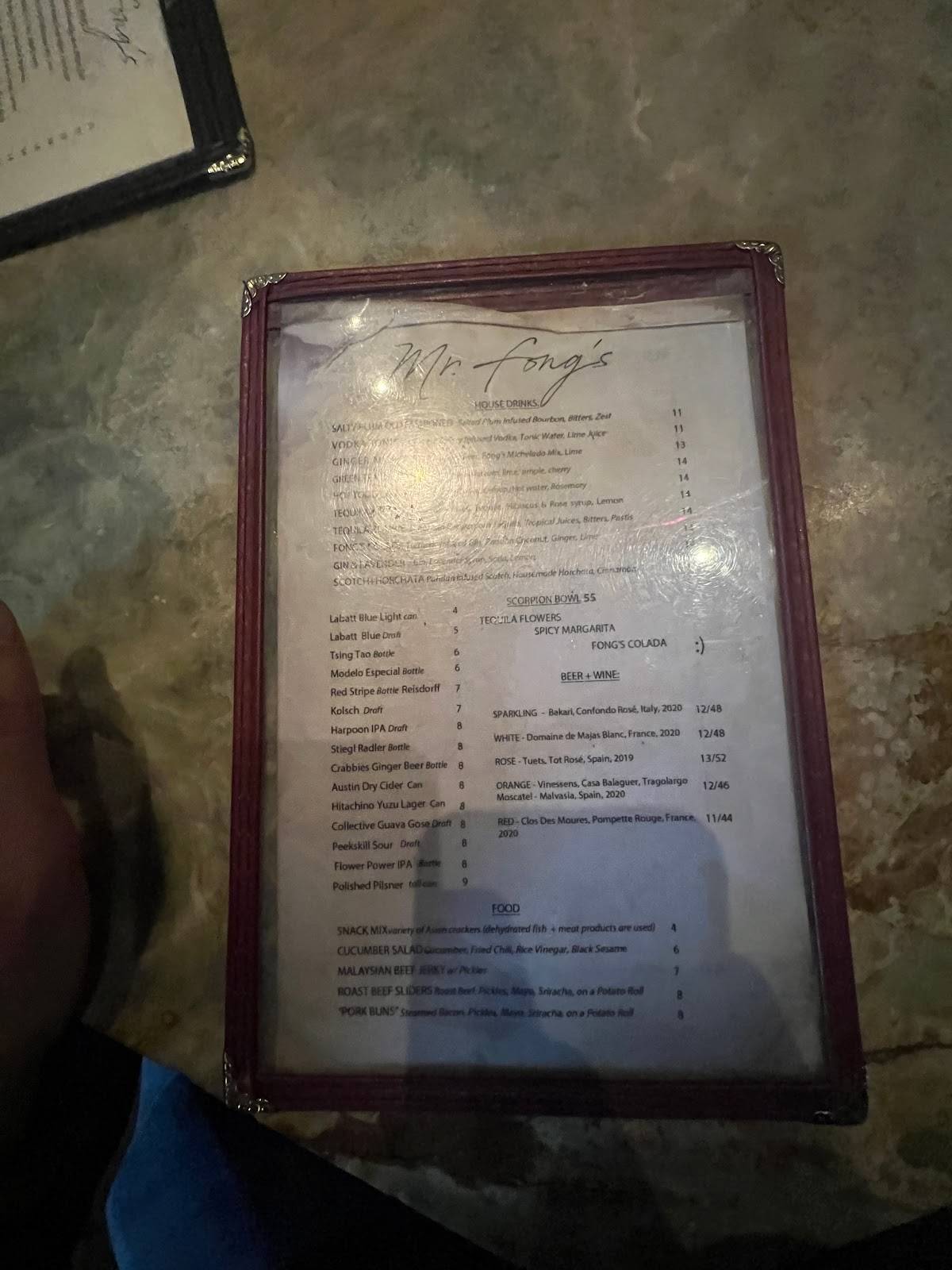 Menu at Mr. Fong's pub & bar, New York City