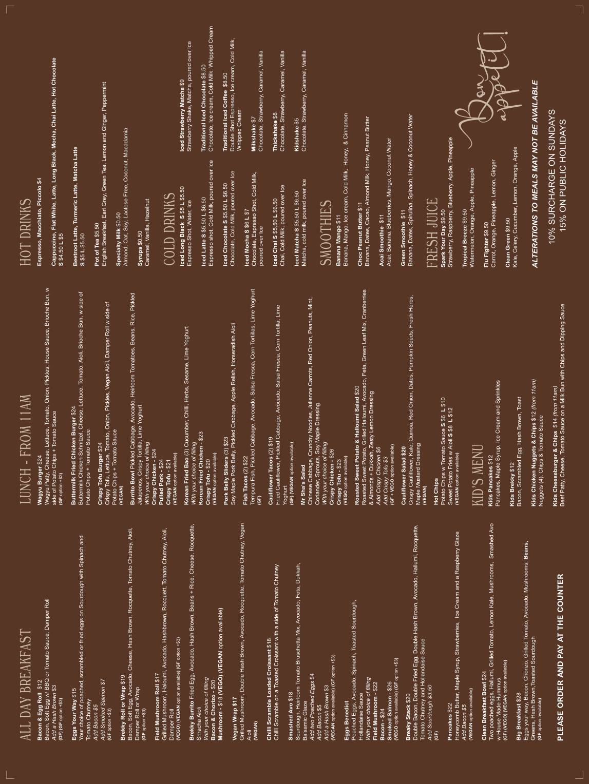 Menu at Mr Sha Shas cafe, Long Jetty