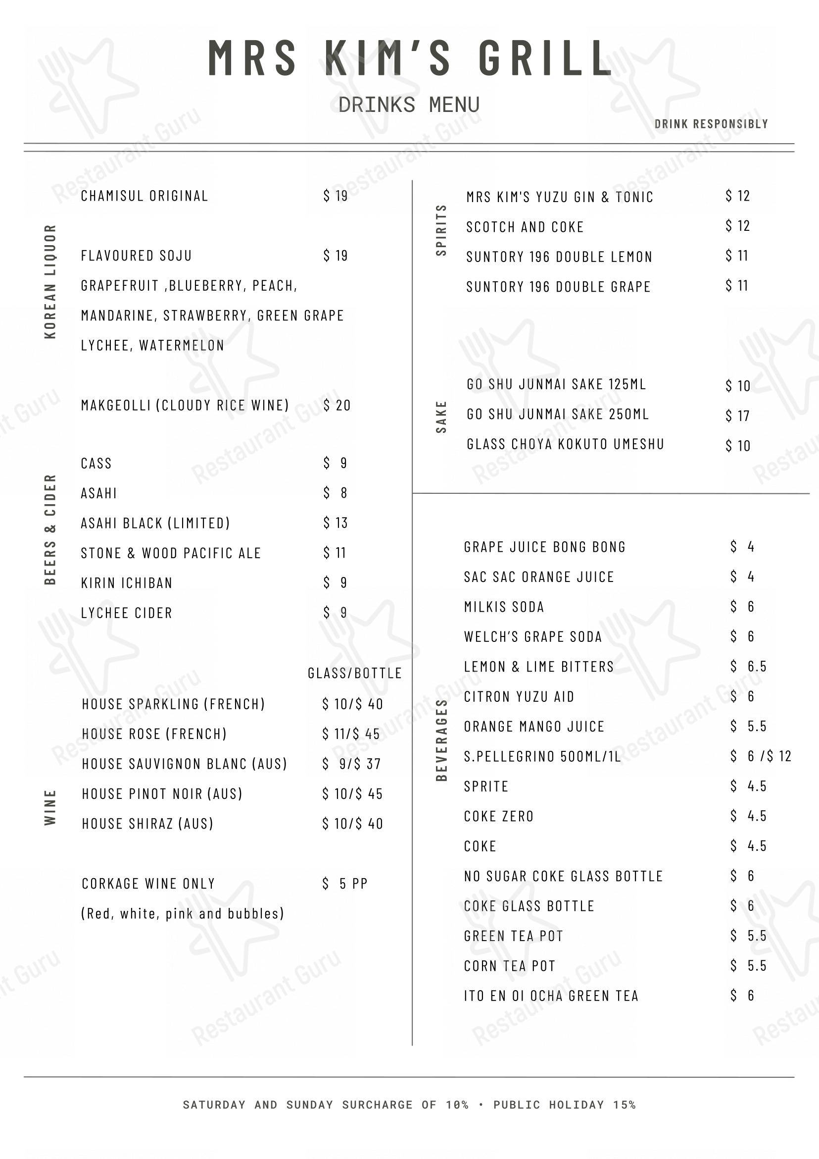 Menu at Mrs Kim's Grill restaurant, Carnegie
