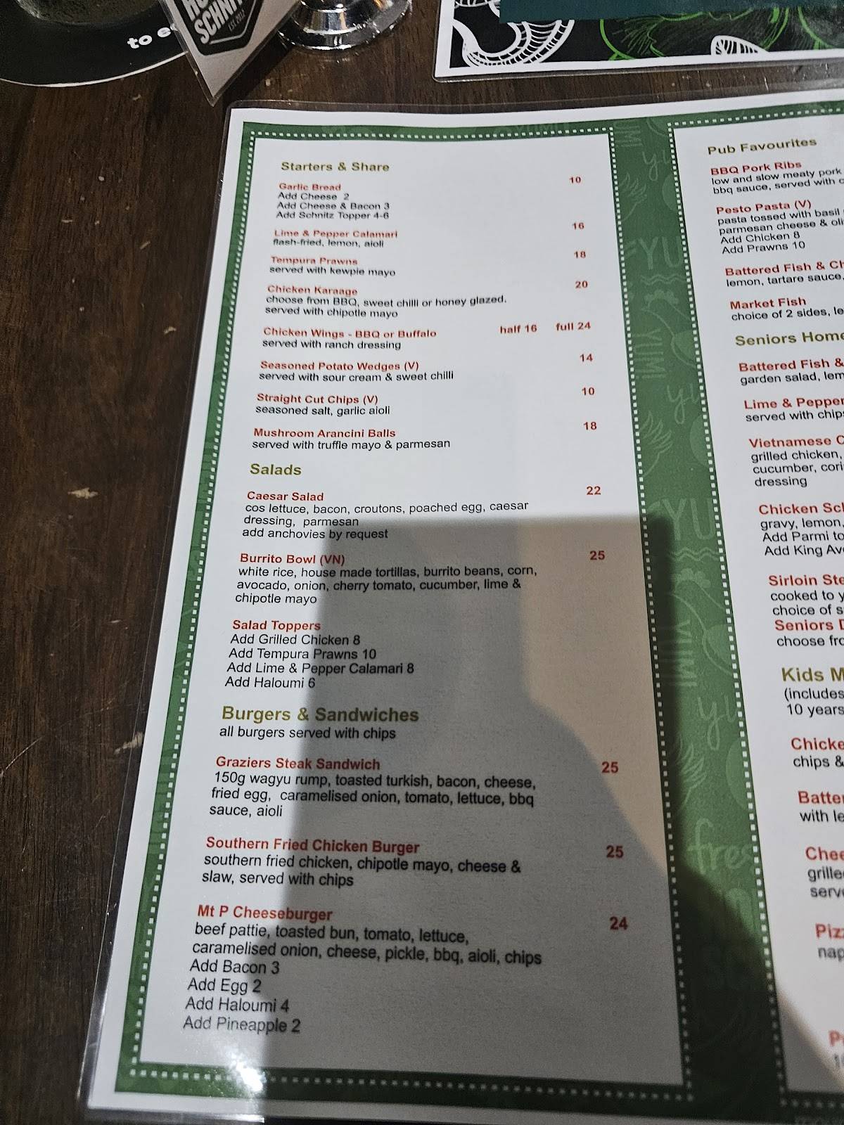 Menu at Mt Pleasant Tavern pub & bar, Mount Pleasant