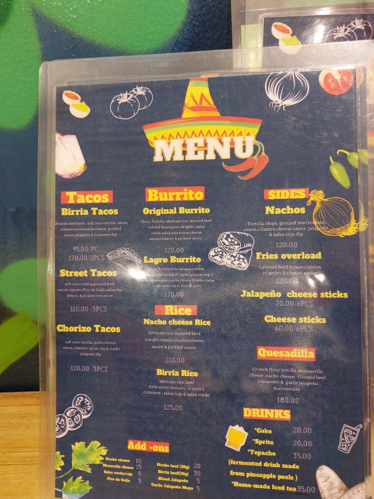 Menu at Muchacho Taco, Quezon City