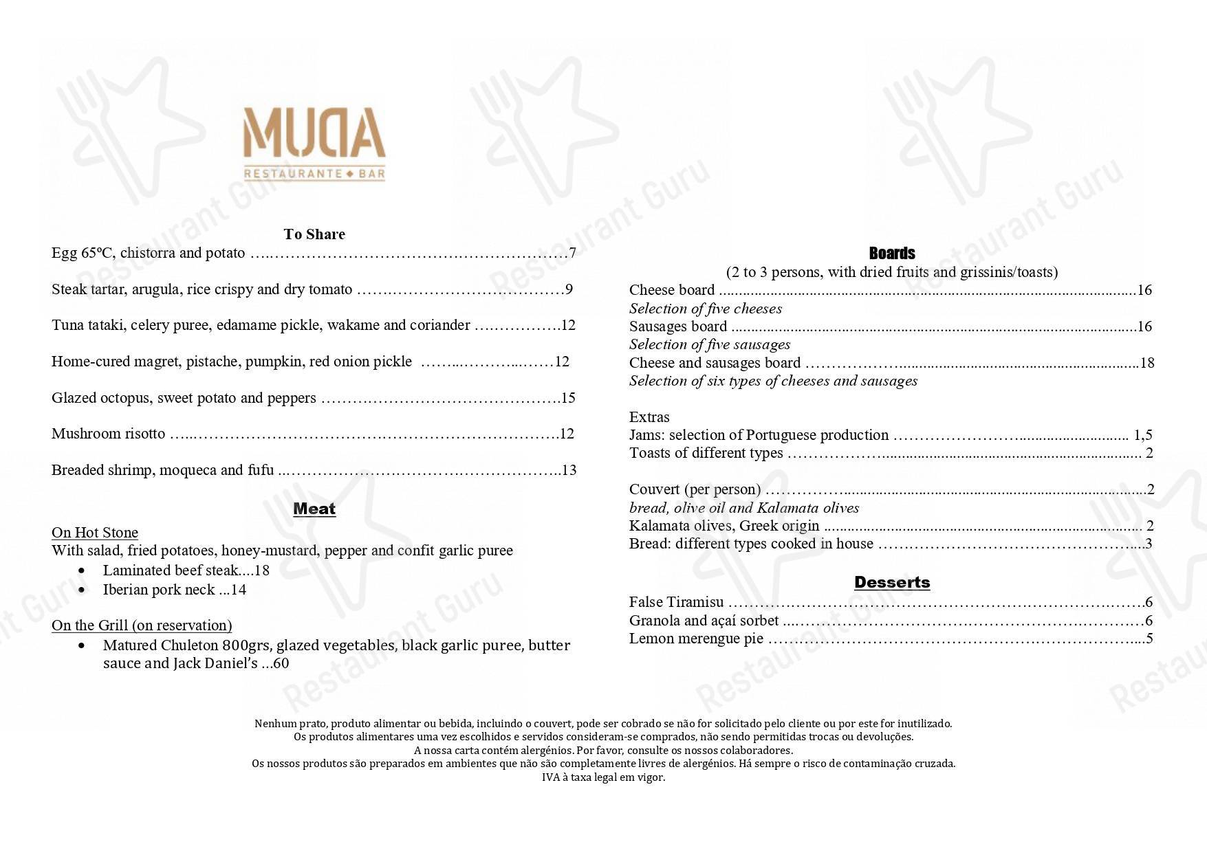 Menu em MUDA Restaurante + Bar, Porto