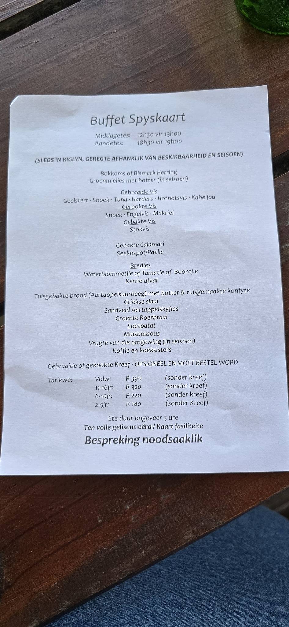 Menu at Muisbosskerm Open Air Restaurant, Lambert's Bay, R365