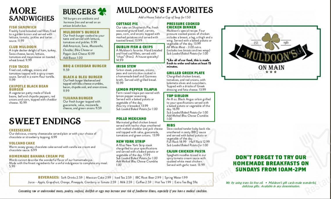 Menu at Muldoon's on Main pub & bar, Carmel, 111 W Main St Suite 100
