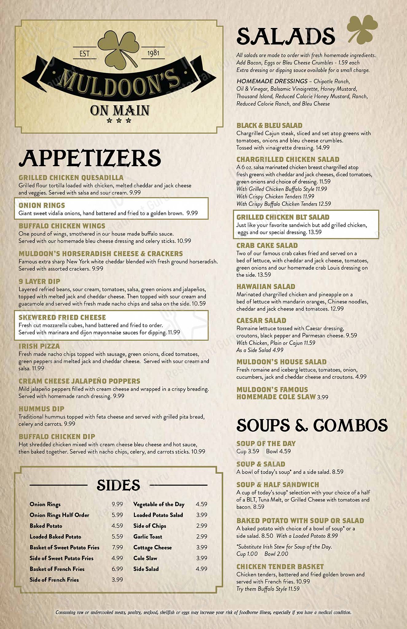 Menu at Muldoon's on Main pub & bar, Carmel, 111 W Main St Suite 100
