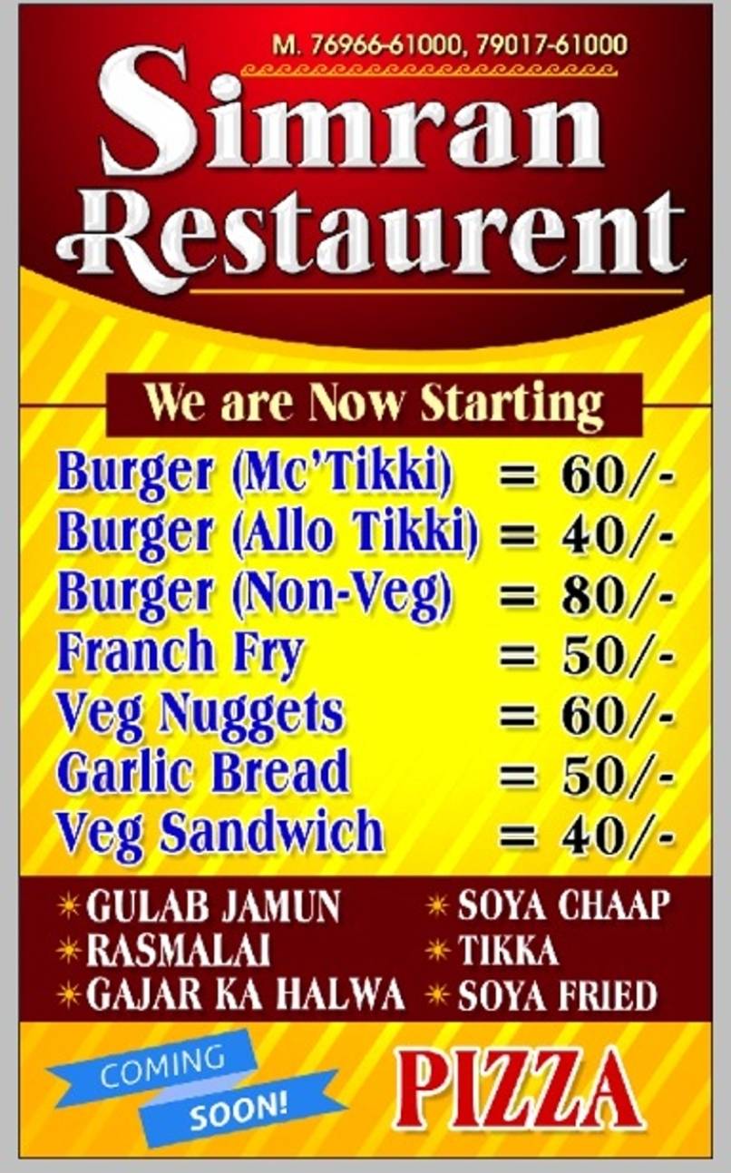 Menu at Simran restaurant, Mullanpur Dakha