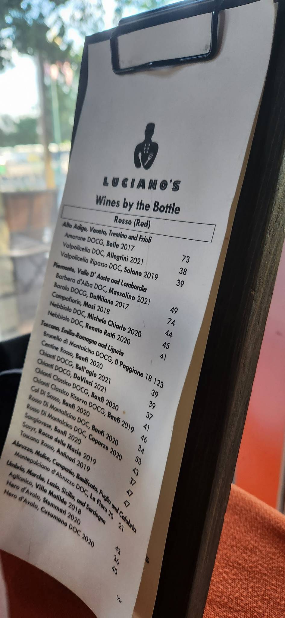 Menu at Luciano's restaurant, Mulvane