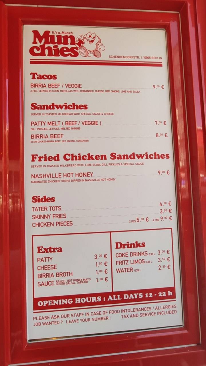 Speisekarte von Munchies restaurant, Berlin, Schenkendorfstraße 1