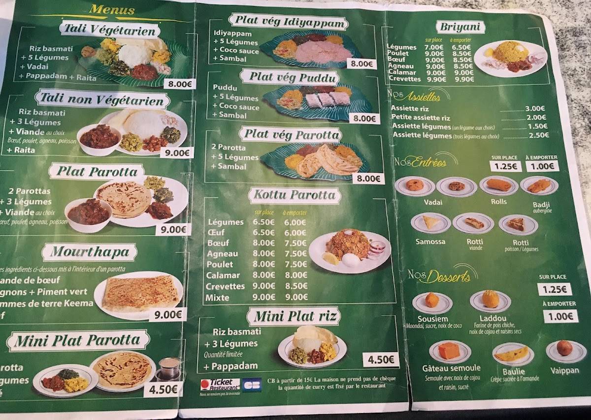 Menu at Muniyandi Vilas restaurant, Paris, 207 Rue du Faubourg Saint-Denis