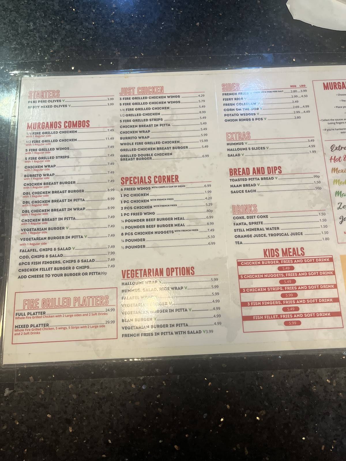 Menu at Murgano's fast food, St Albans