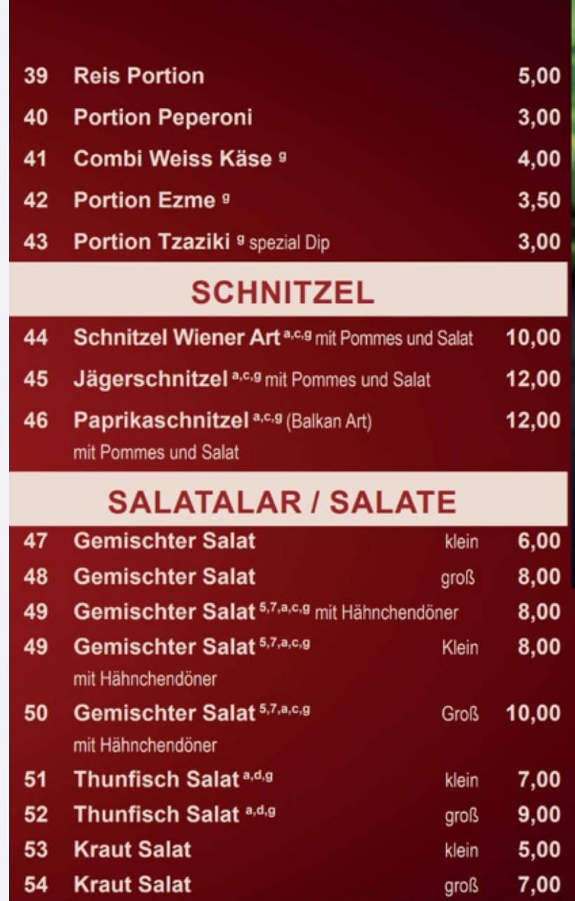 Menu at Musa's Döner restaurant, Marl