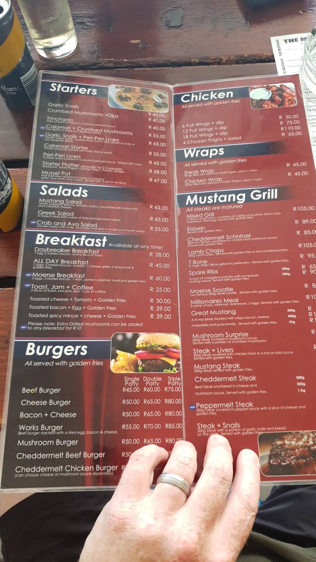 Menu at Mustang restaurant, Welkom