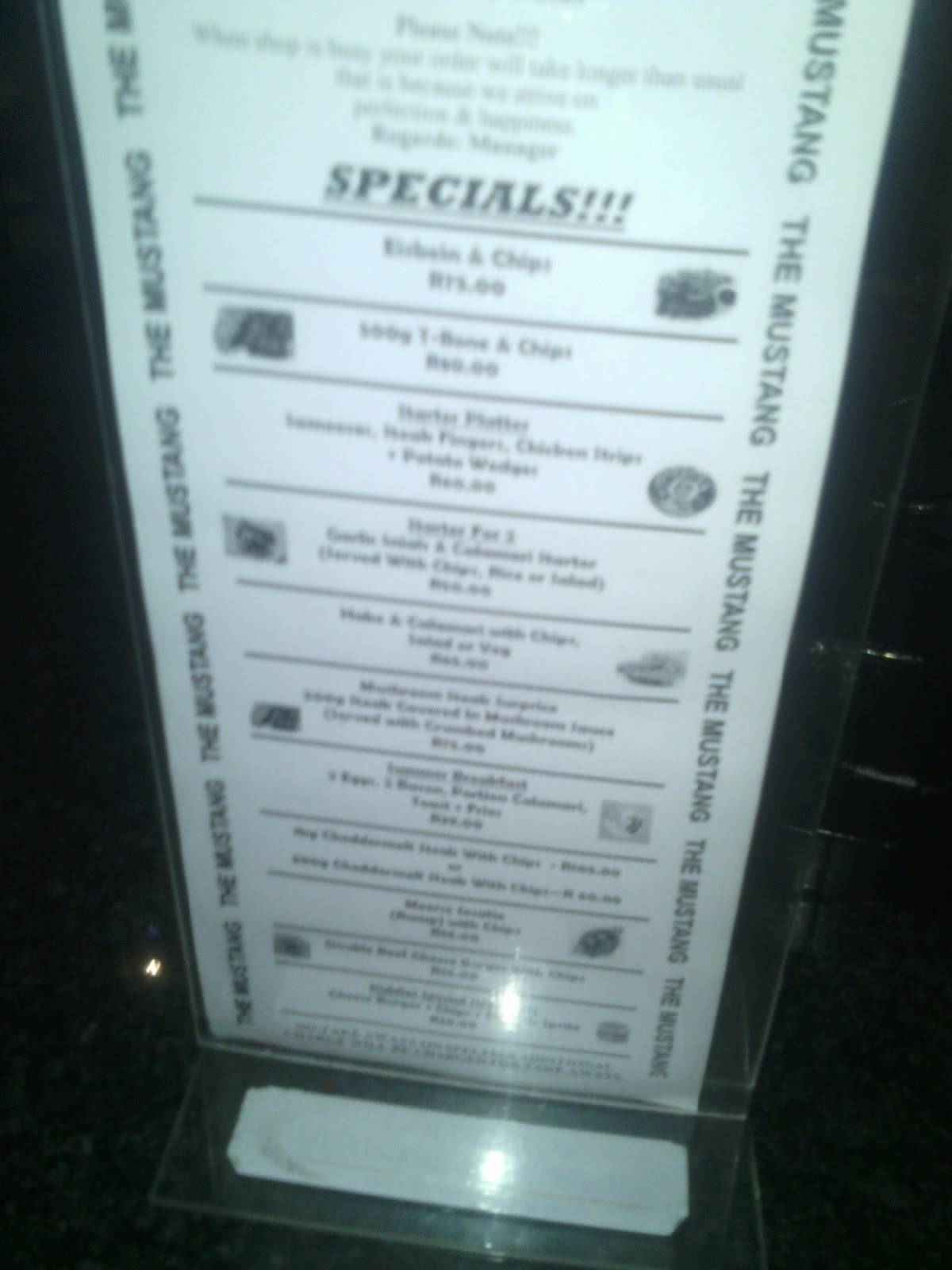Menu at Mustang restaurant, Welkom