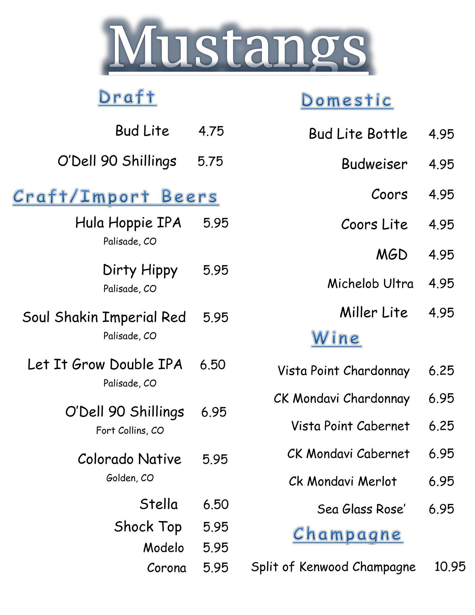 Carta del pub y bar Mustangs, Parachute