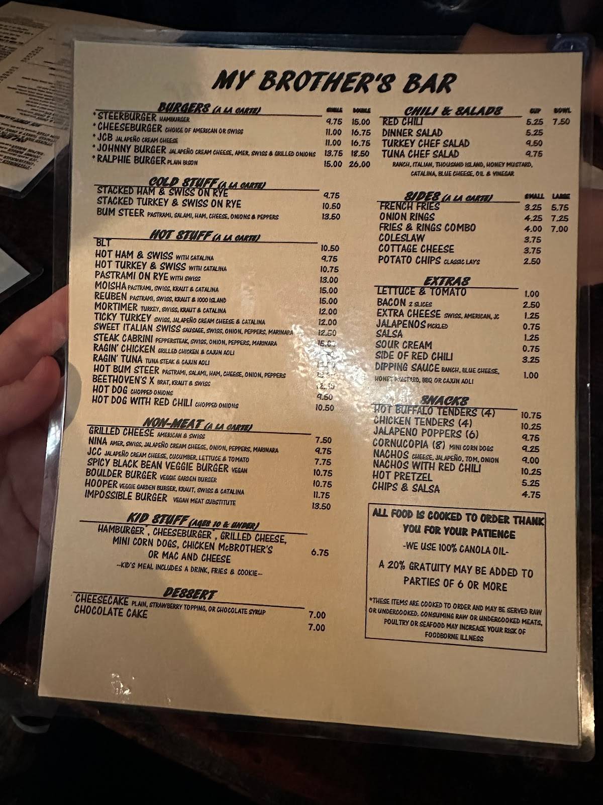 Menu at My Brother's Bar, Denver