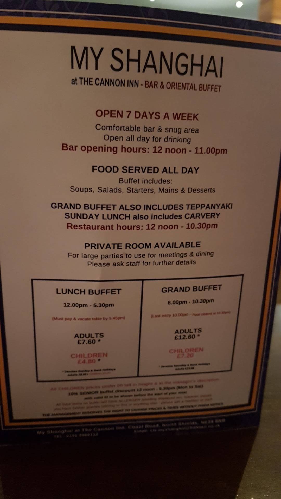 Menu at My Shanghai Bar & Oriental Buffet, North Shields, The Cannon Inn