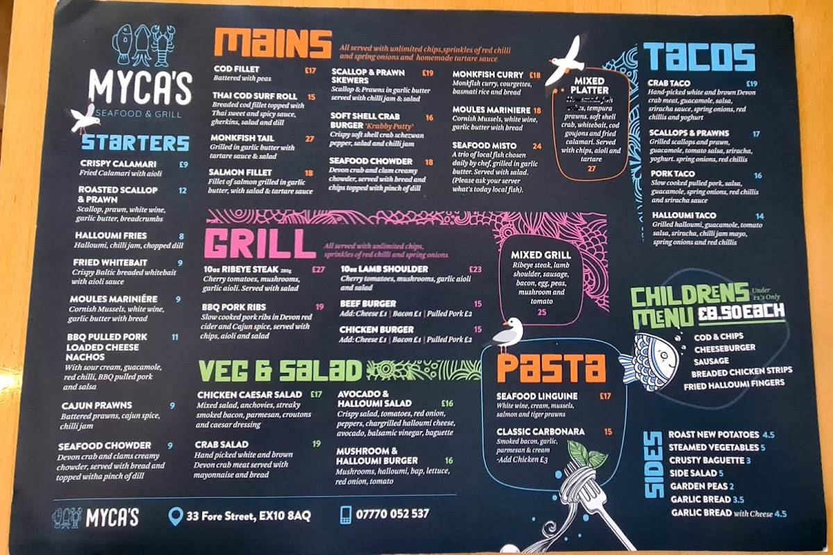 Menu at Myca’s restaurant, Sidmouth