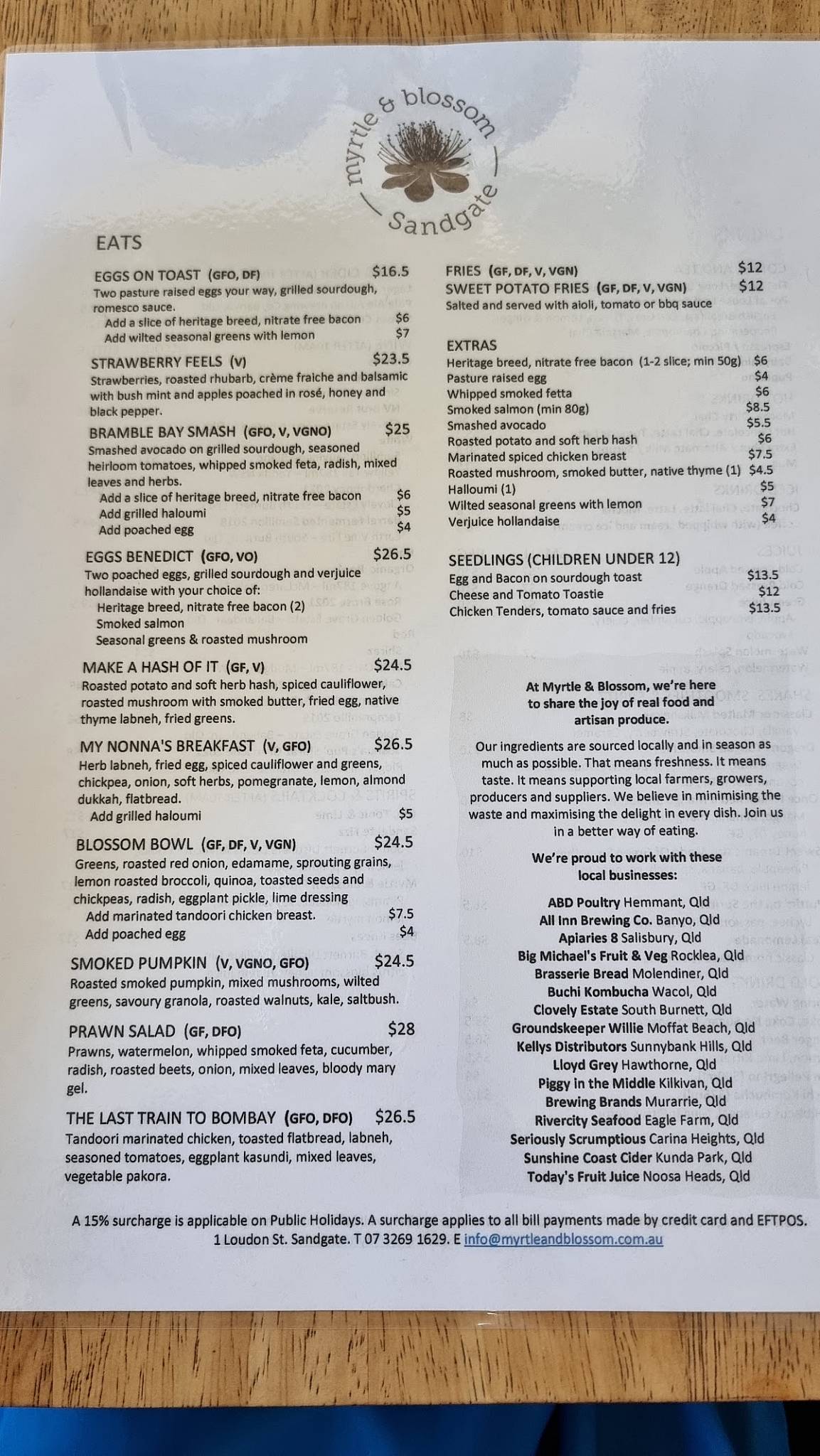 Menu at Myrtle & Blossom cafe, Sandgate