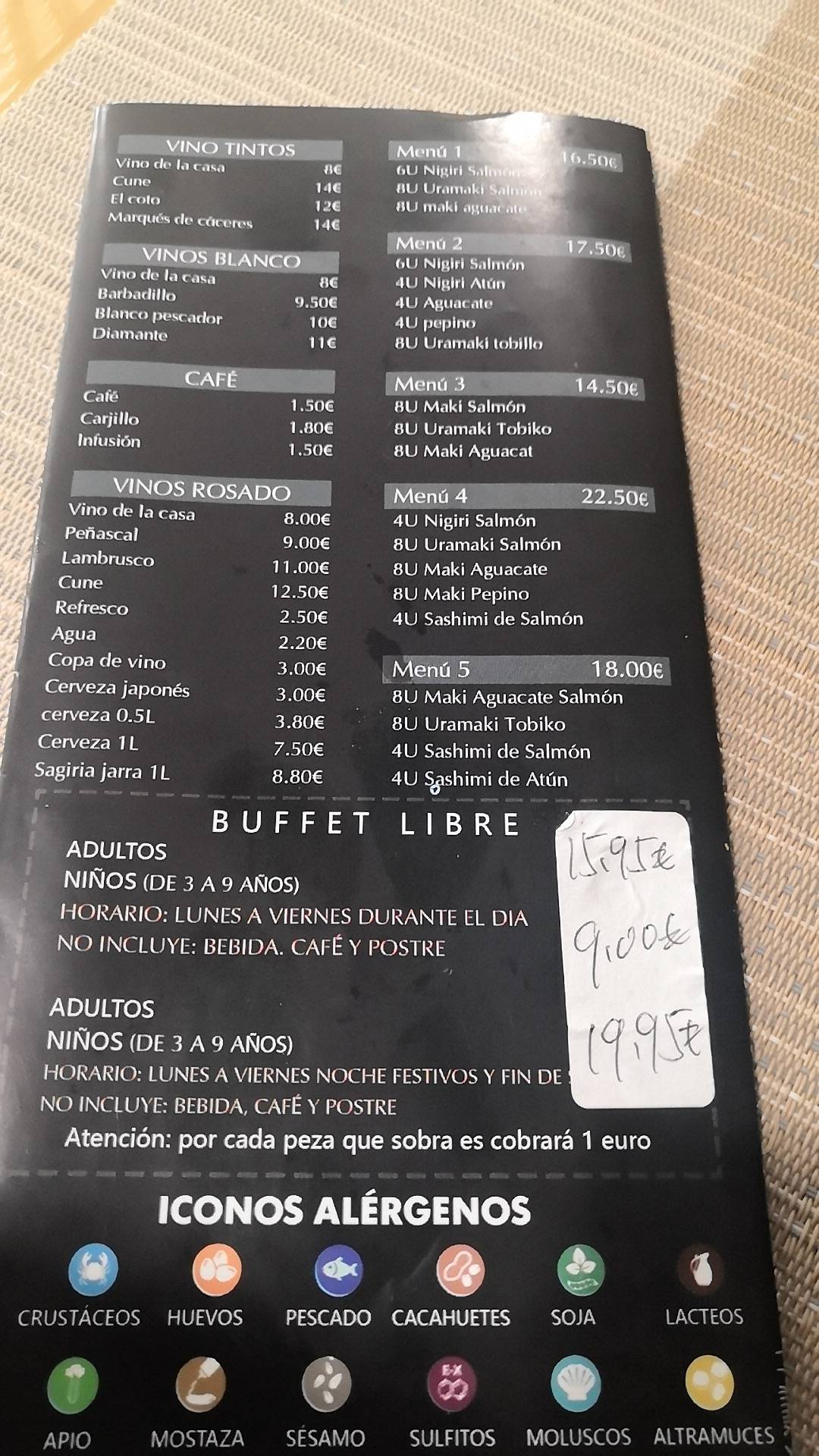 Carta de NAMI SUSHI BAR Buffet libre, Granada