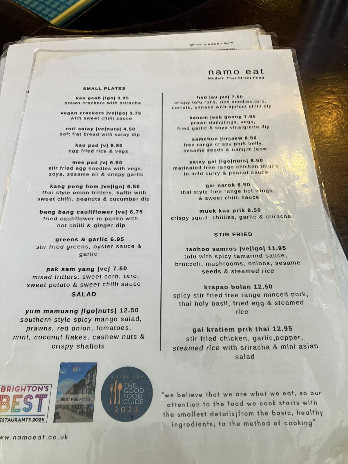 Menu at NAMO EAT restaurant, Brighton