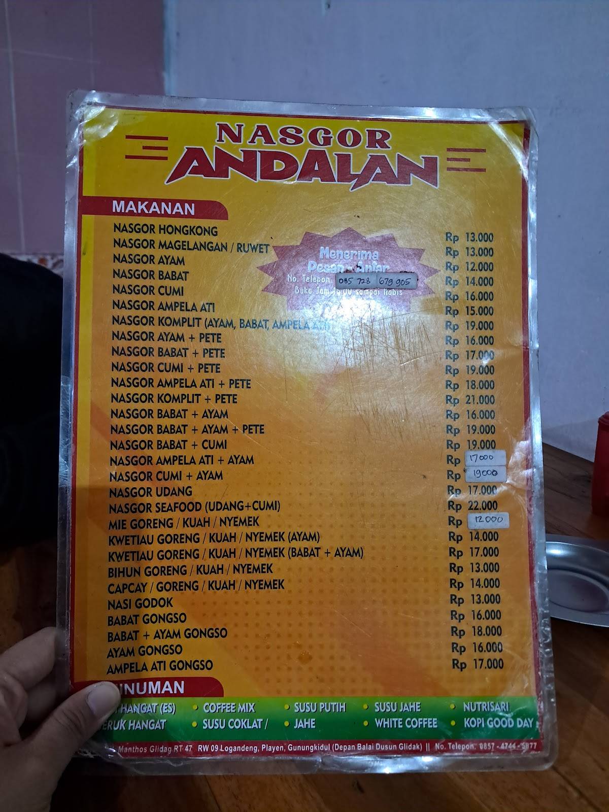 Menu at NASGOR ANDALAN restaurant, Semanu