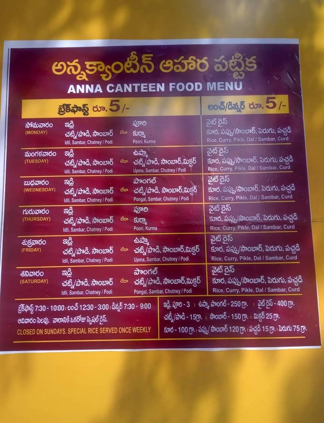 Menu at NTR Anna Canteen, Nandyal