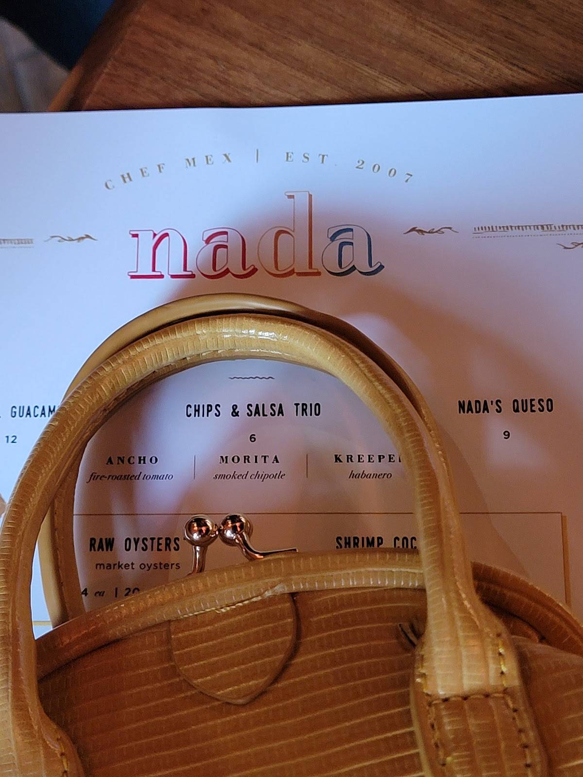 Menu at Nada restaurant, Cincinnati