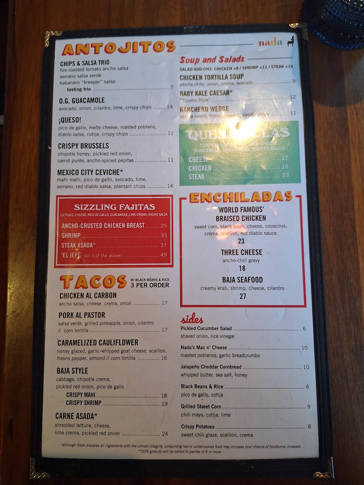 Menu at Nada restaurant, Cincinnati
